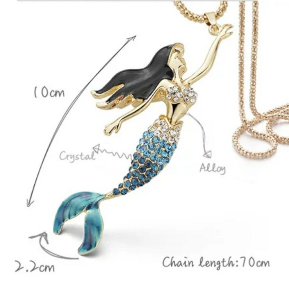 Jewelry | Teal Enamel Crystal Mermaid Long Chain Necklace | Poshmark